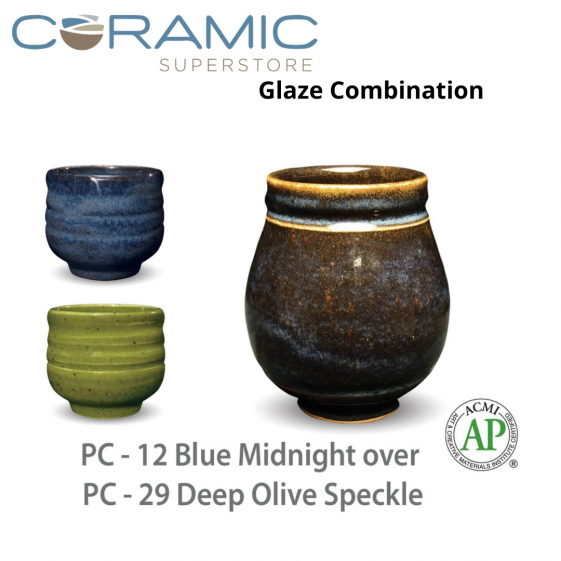 Blue Midnight PC-12 over Deep Olive Speckle PC-29 Pottery Cone 5 Glaze ...