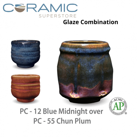 Blue Midnight PC-12 over Chun Plum PC-55 Pottery Cone 5 Glaze ...
