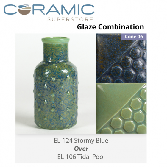 Stormy Blue EL124 over Tidal Pool EL106 Mayco Glaze Combination