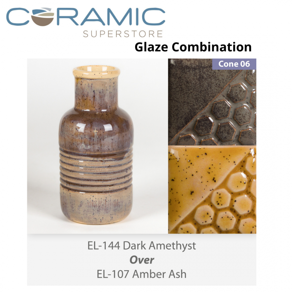 Dark Amethyst EL144 over Amber Ash EL107 Mayco Glaze Combination