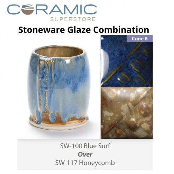 Blue Surf SW-100 over Honeycomb SW-117 Stoneware Mayco Glaze Combination