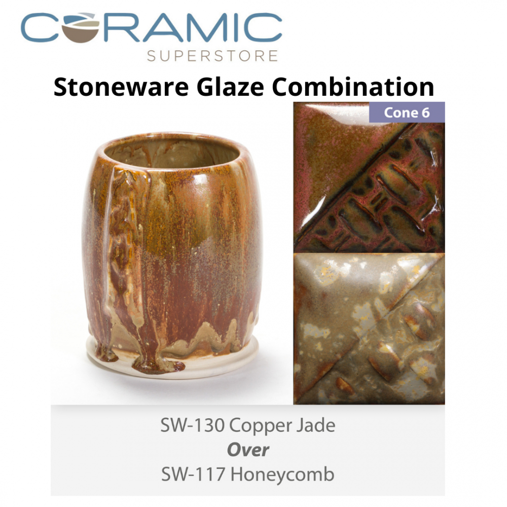Copper Jade SW-130 over Honeycomb SW-117 Stoneware Mayco Glaze Combination