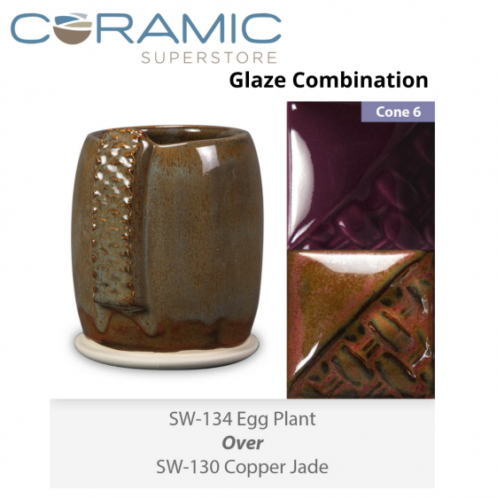 Eggplant SW134 over Copper Jade SW130 Stoneware Mayco Glaze Combination