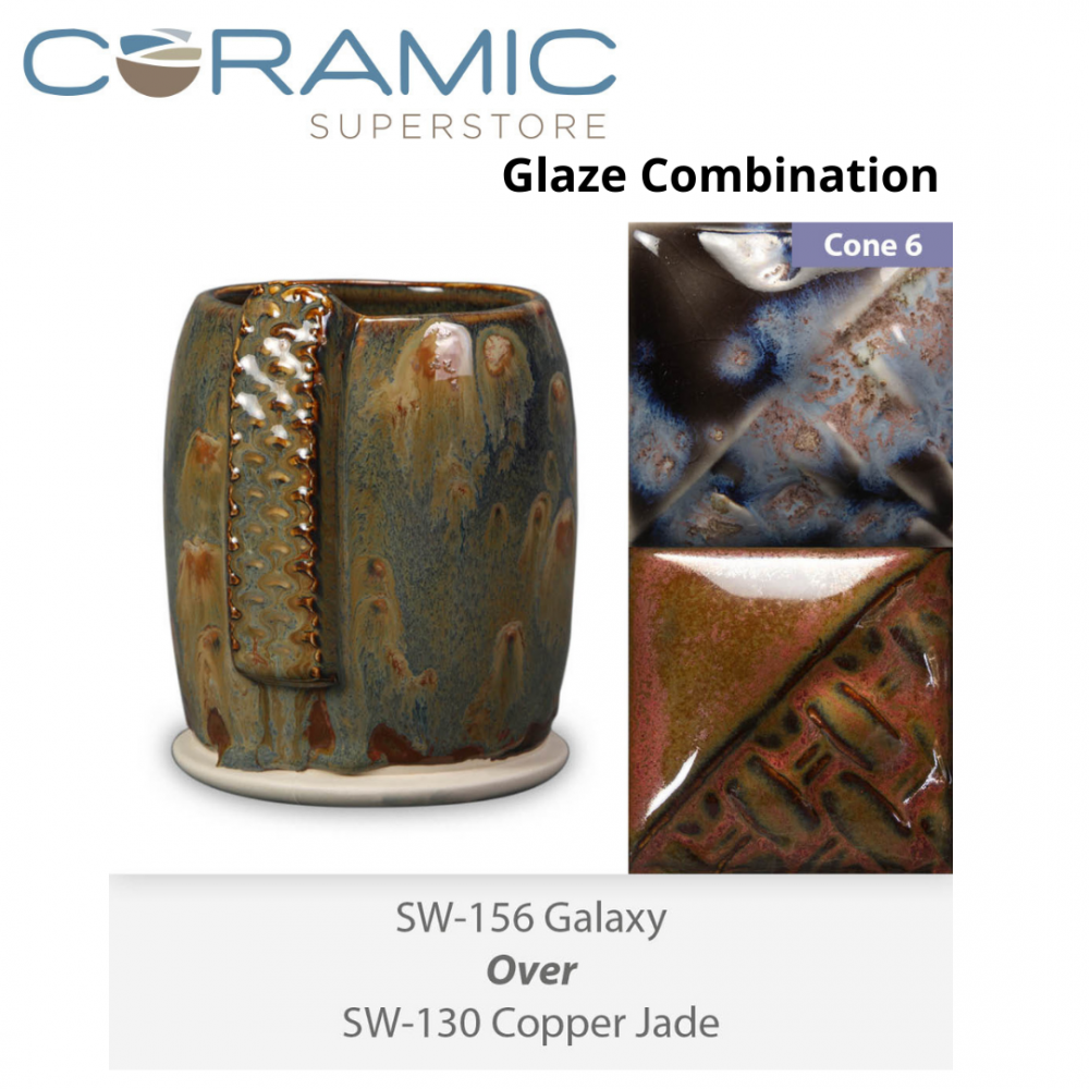 Galaxy SW156 over Copper Jade SW130 Stoneware Mayco Glaze Combination