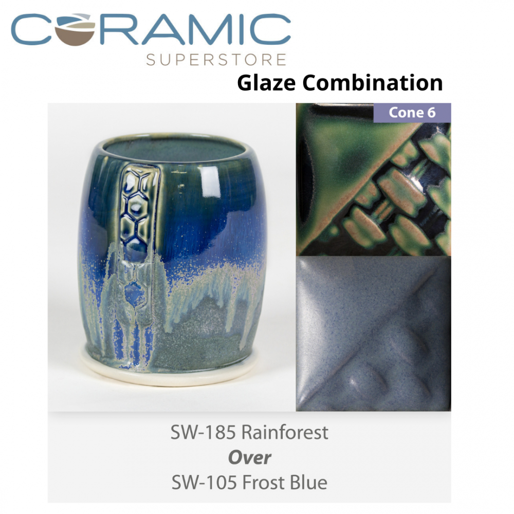 Rainforest SW185 over Frost Blue SW105 Stoneware Mayco Glaze Combination